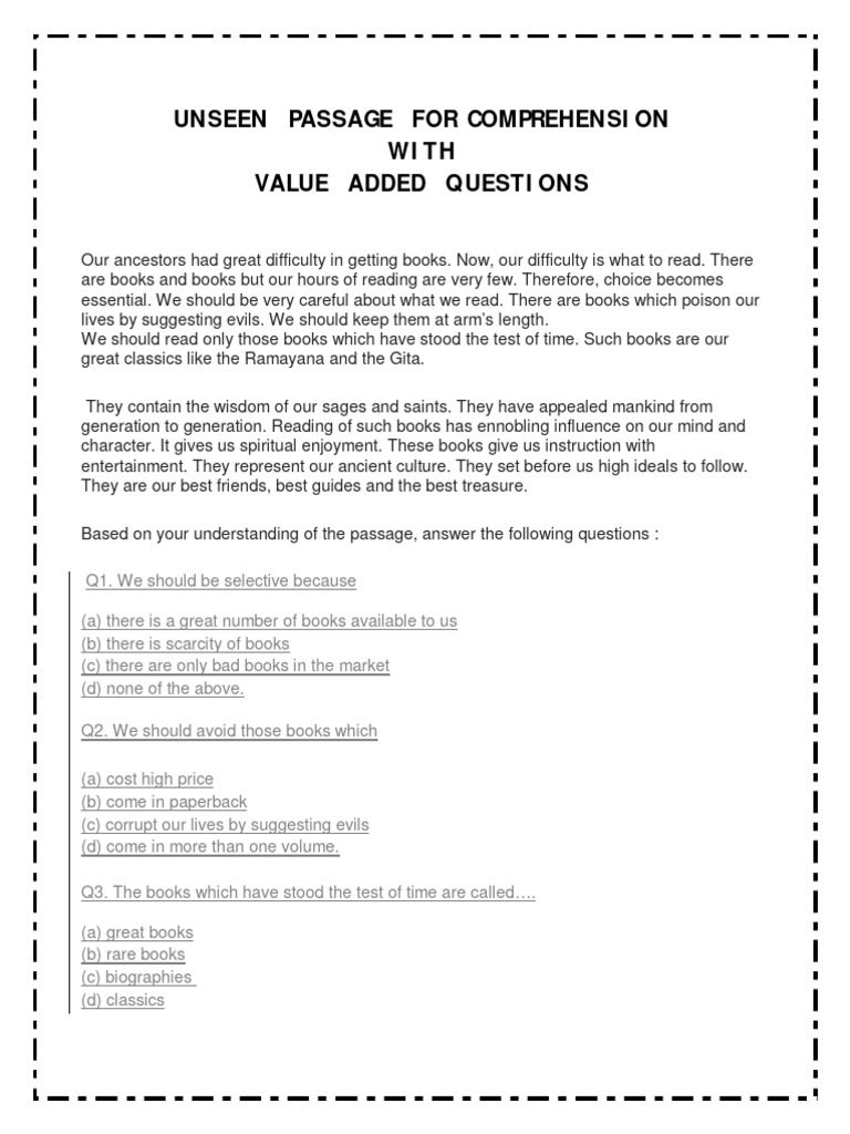 Unseen Passage for Class 5 Comprehension | PDF