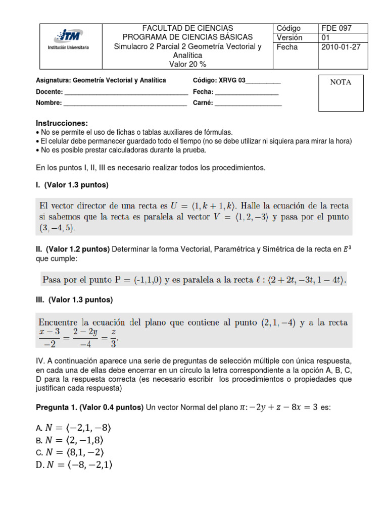 Simulacro-2-Parcial-2-Geometria Vectorial Itm | PDF