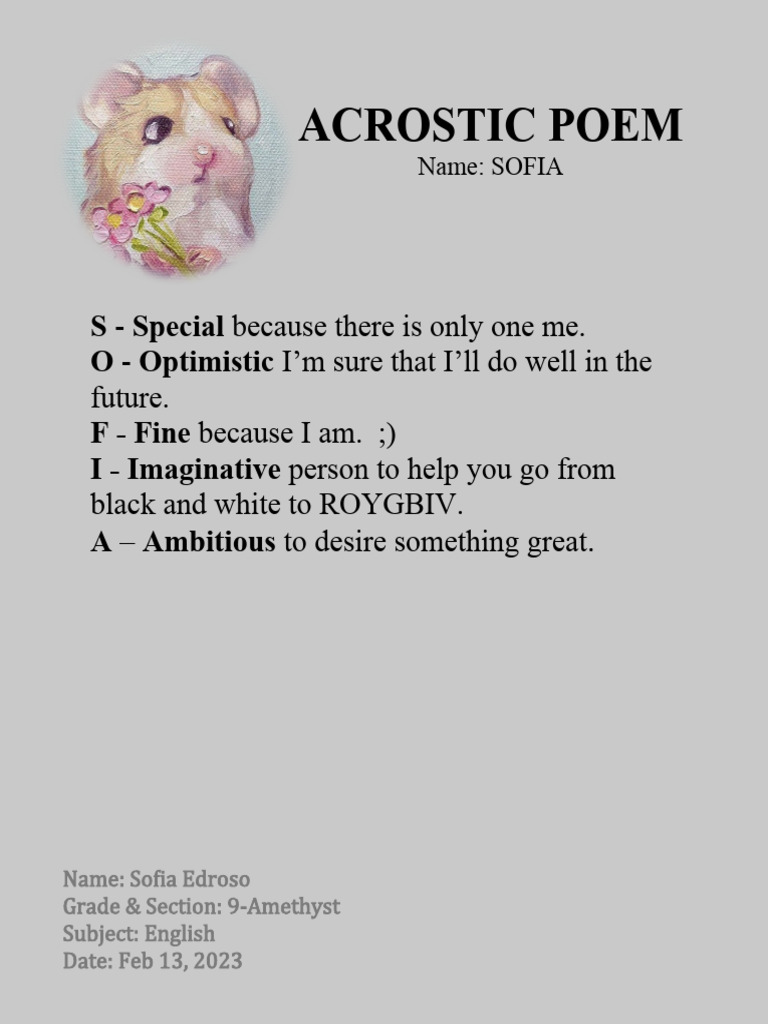 Acrostic Poem for Sofia Edroso | PDF | Language Arts & Discipline