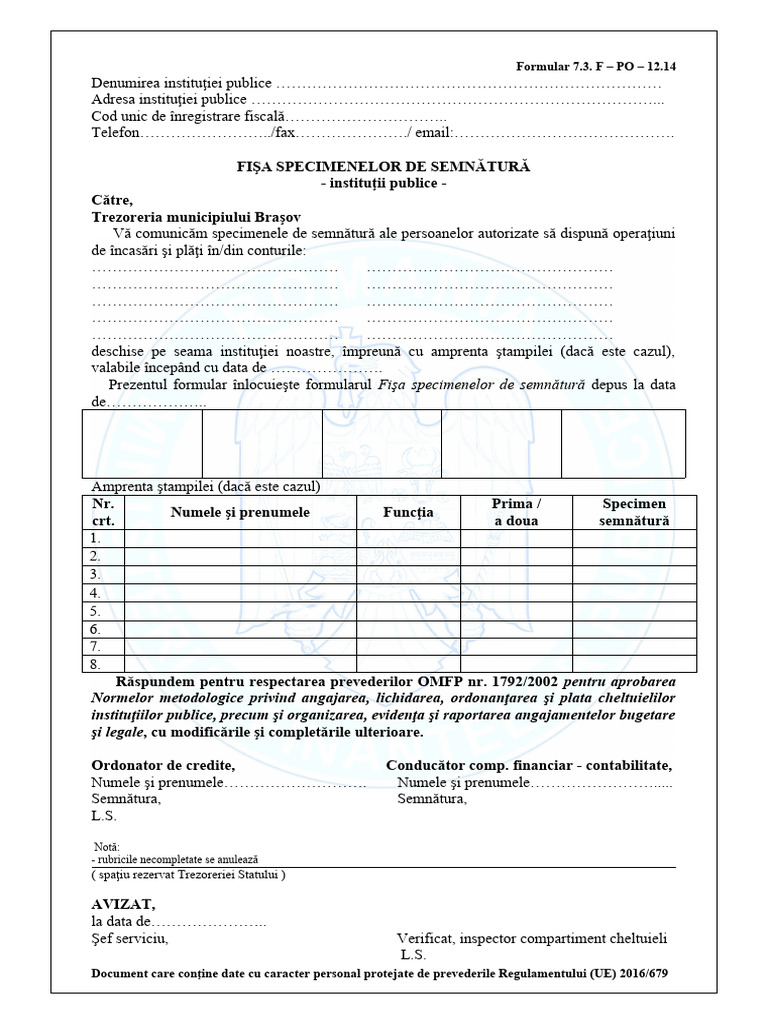 PO 12.14 - Formular 7.3. - Fisa Specimenelor de Semnatura Institutii ...