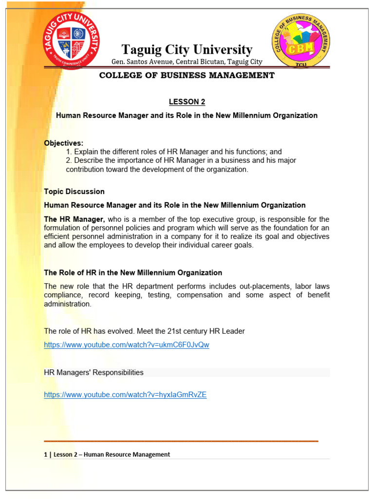 LESSON 2 HRM Human Resource Manager and Its Role in The Organization ...