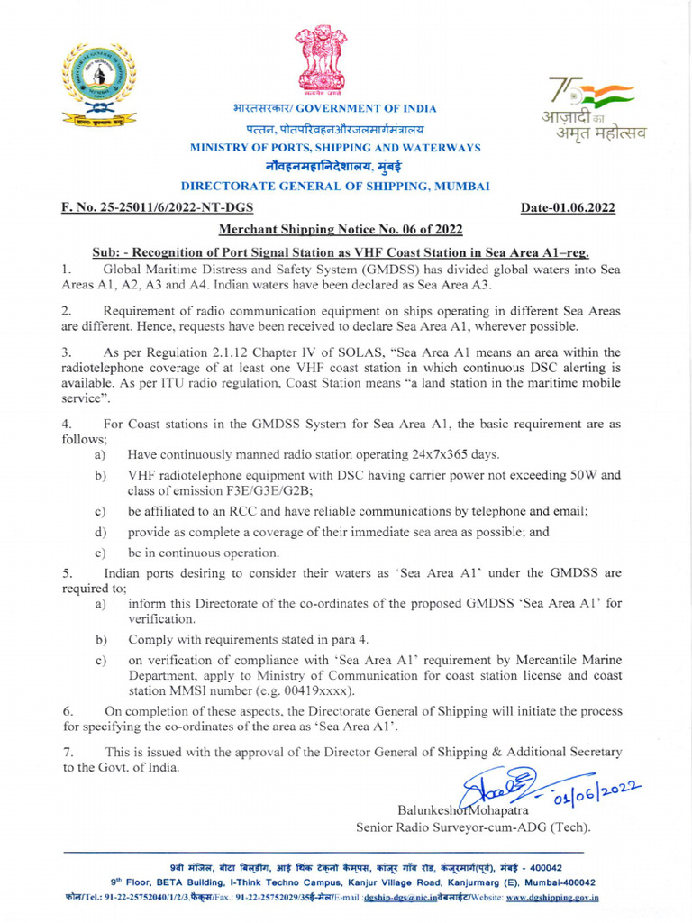 MS Notice 06 of 2022 - Recognition of Port Signal Station As VHF Coast ...