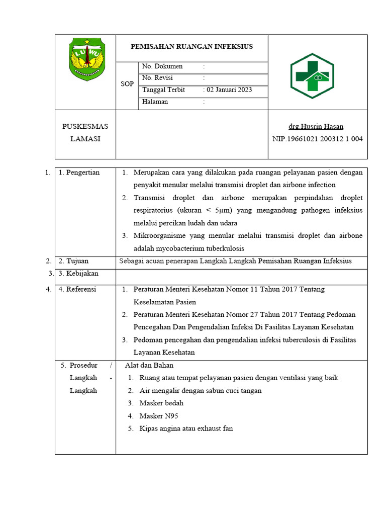 5551 SOP-Pemisahan-Ruangan-Infeksius | PDF | Sains & Matematika