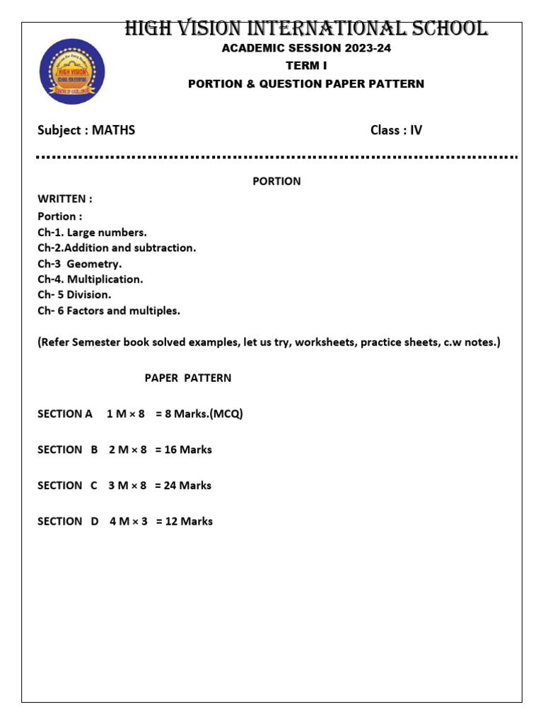 Iv Maths Portion & QP Format | PDF Iv Maths Portion & QP Format | PDF