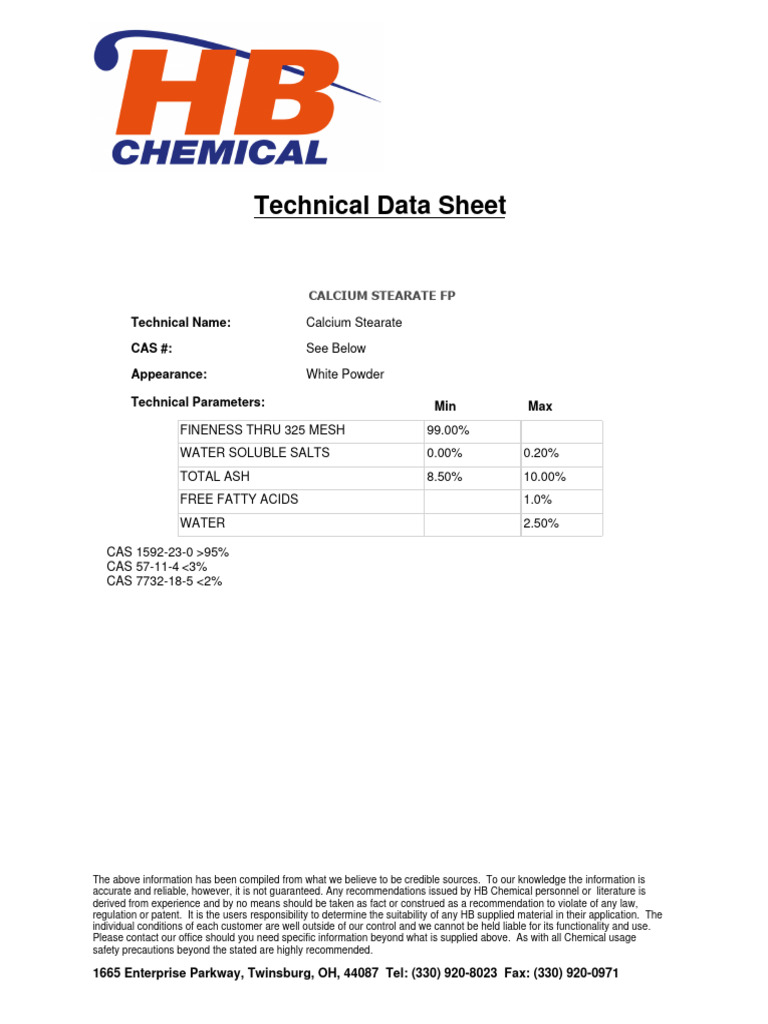 Calcium Stearate Technical Data | PDF