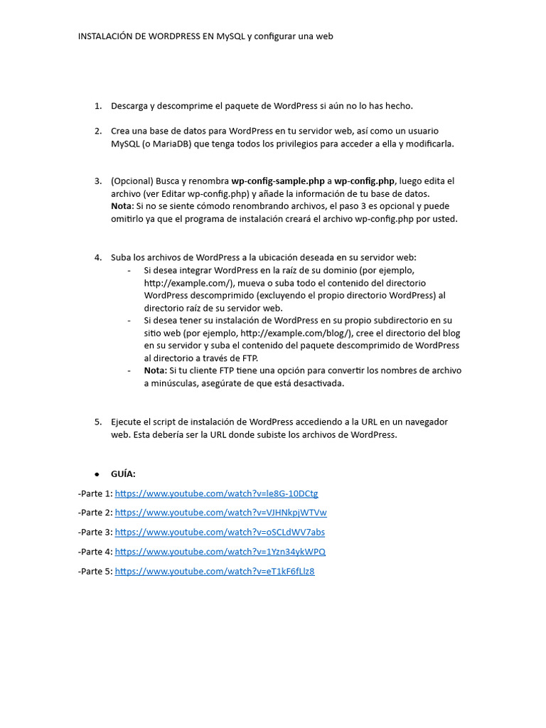 Instrucciones Instalacion Wordpress en Mysql | PDF