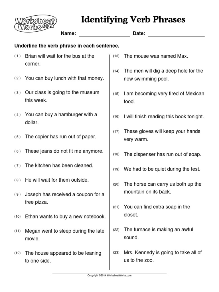 Worksheetworks Identifying Verb Phrases 1 | PDF Worksheetworks Identifying Verb Phrases 1 | PDF