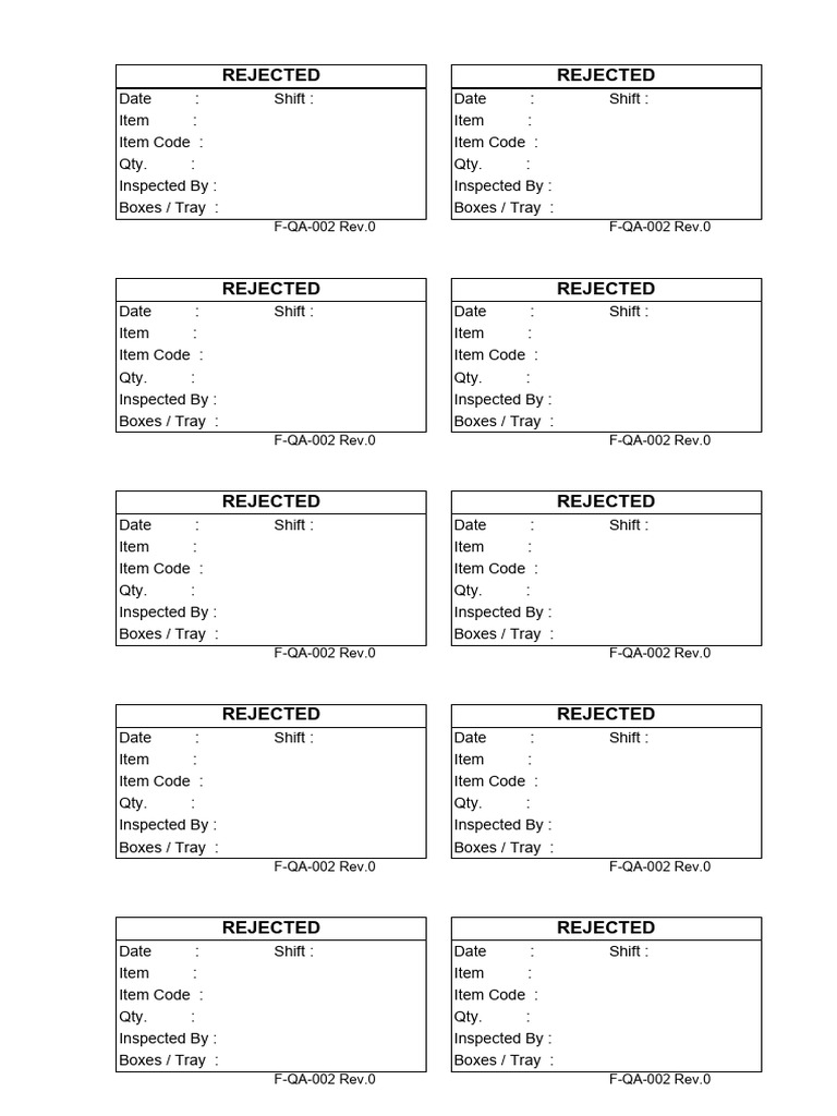 F-QA-02 Rejected Tag | PDF | Home & Garden | Technology & Engineering