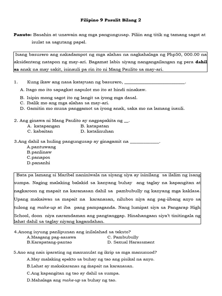 Filipino 9 Pasulit Bilang 2 | PDF