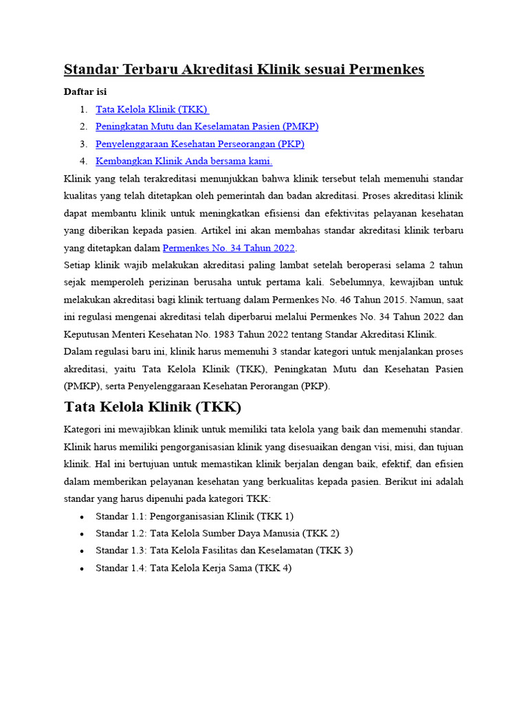 Standar Terbaru Akreditasi Klinik Sesuai Permenkes Pdf