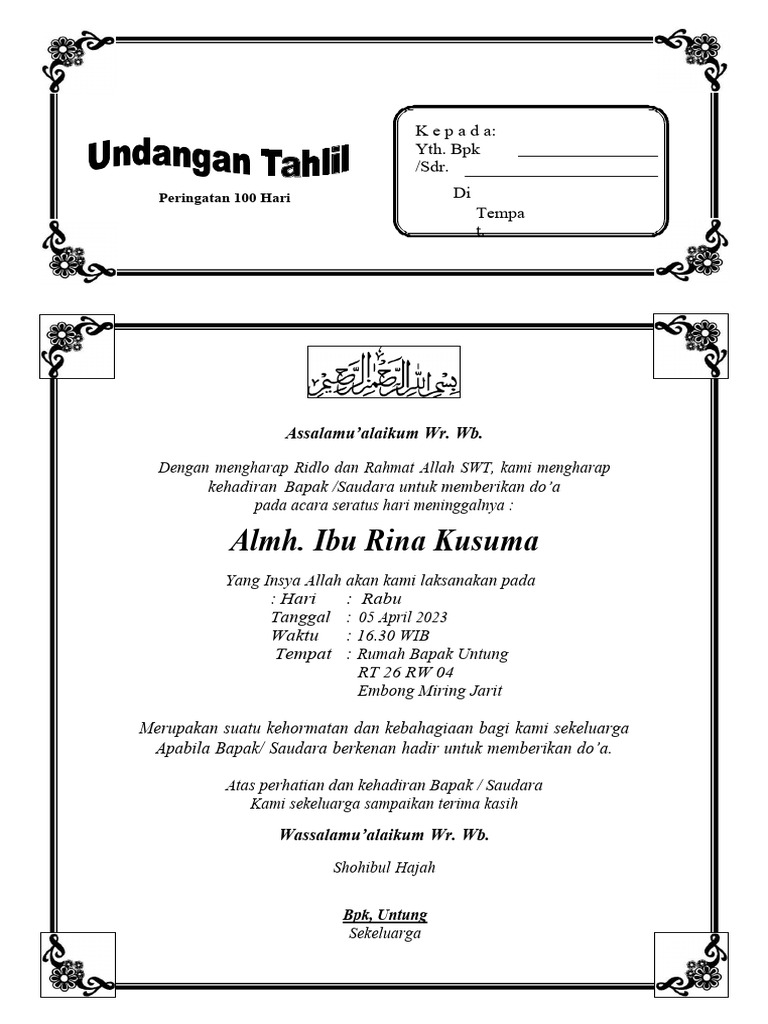 Undangan Tahlil 100 Hari | PDF