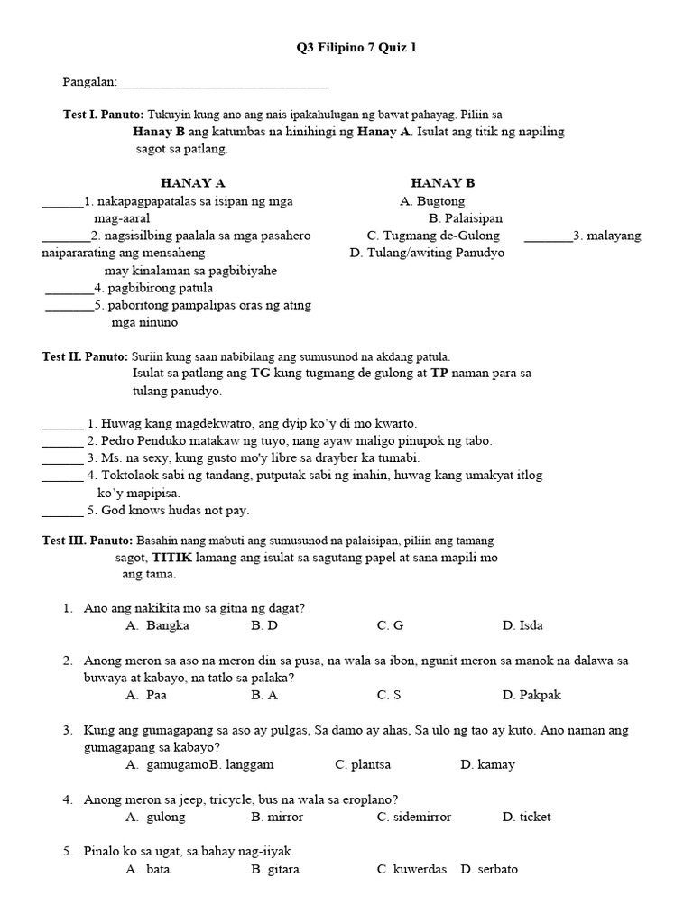 Q3 Filipino 7 Quiz 1 | PDF