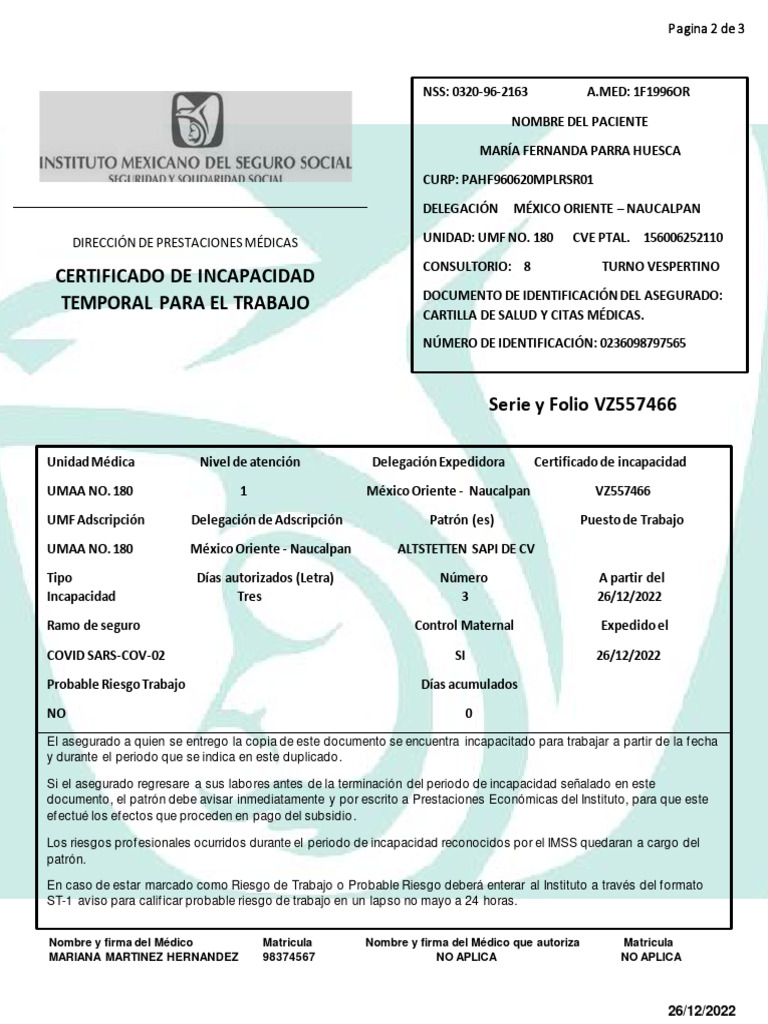 Certificado de Incapacidad Temporal | PDF