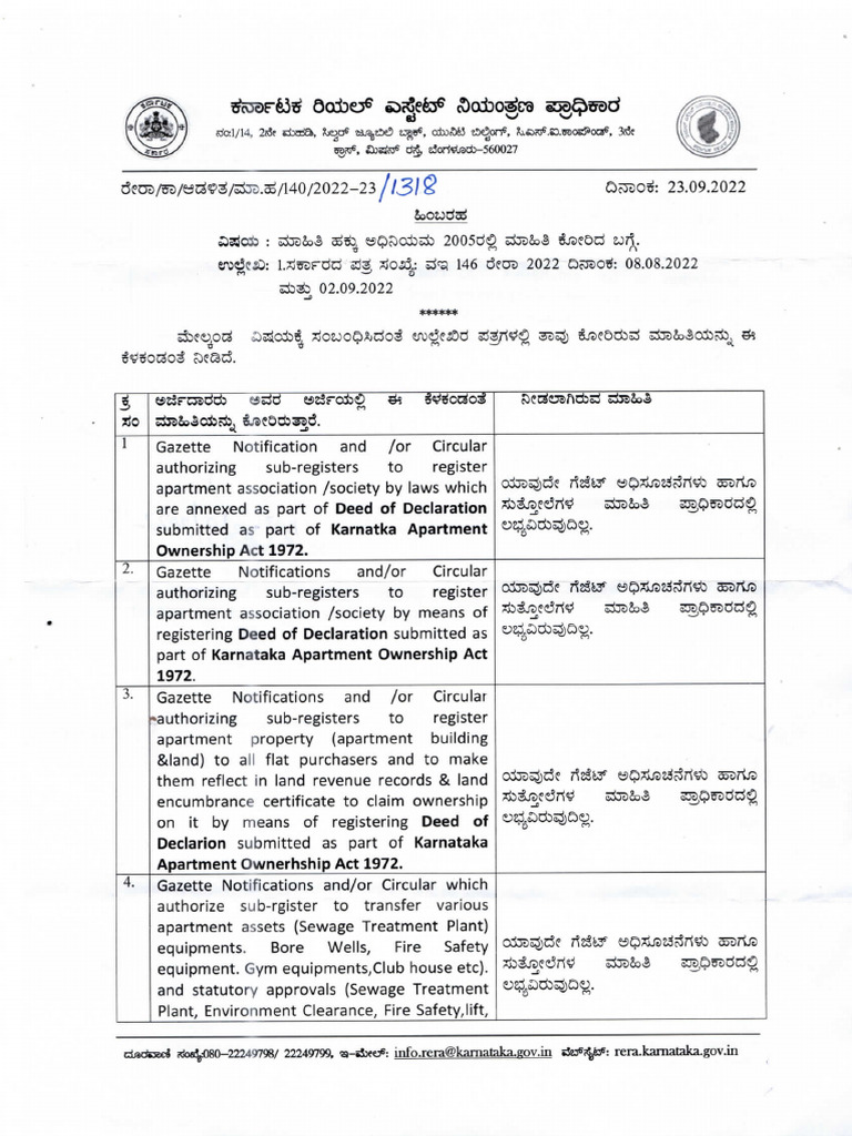 RERA Response - KAOA-DOD-RTI - 2022 | PDF