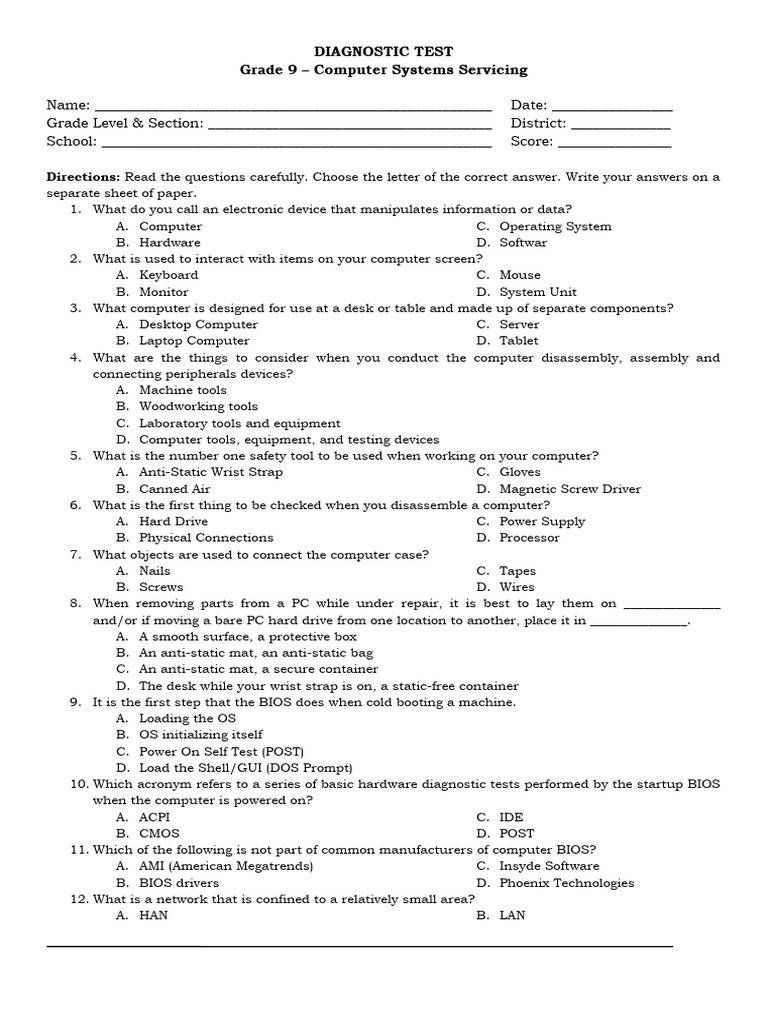 Grade 9 (SPTVE) CSS (1) Diagnostic Test | PDF | Computer Network | Booting