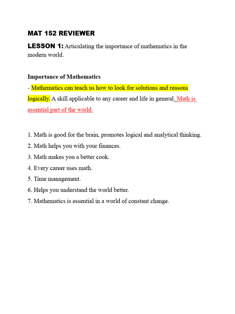 MAT 152 REVIEWER p1 1stsem | PDF | Pattern | Deductive Reasoning