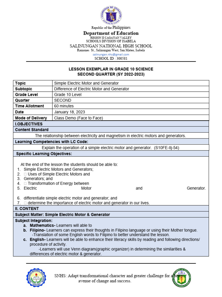 DEMO LESSON PLAN - Electric Motor&Generator | PDF | Electric Generator ...