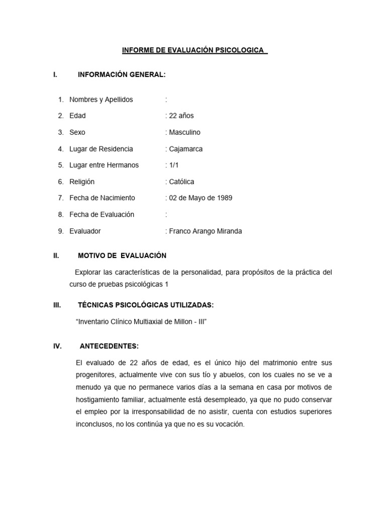 Modelo de Informe - Millon | PDF | Las emociones | Sicología