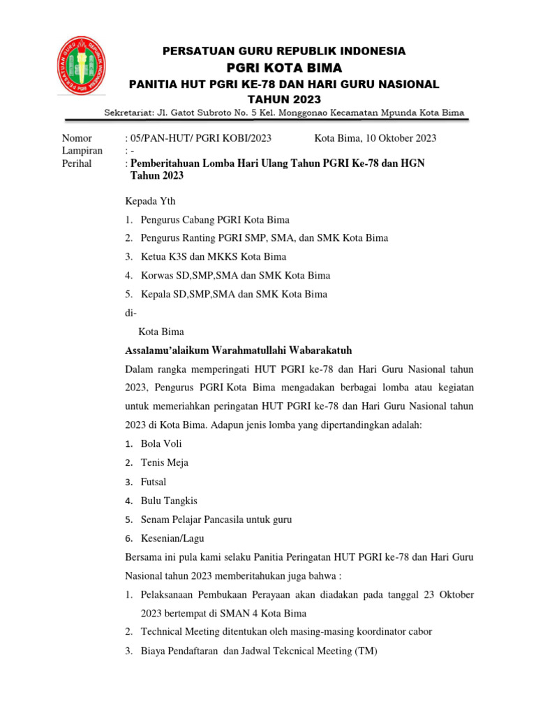 PGRI Pemberitahuan Turnamen 2023 | PDF
