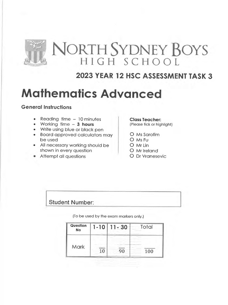 North Sydney Boys 2023 2U Trials & Solutions | PDF