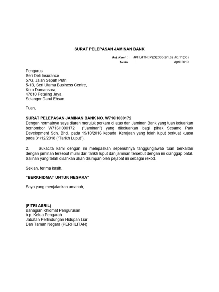 Format Surat Pelepasan Jaminan Bank | PDF