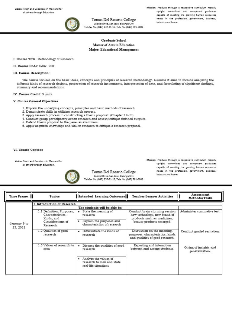 Syllabus On Educ 200 Methodology of Research | PDF | Hypothesis ...