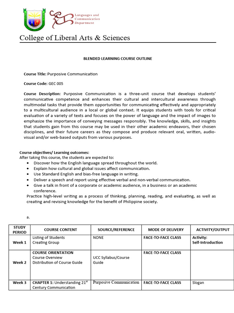 Purposive Communication Course Outline | PDF | Communication | Human Communication