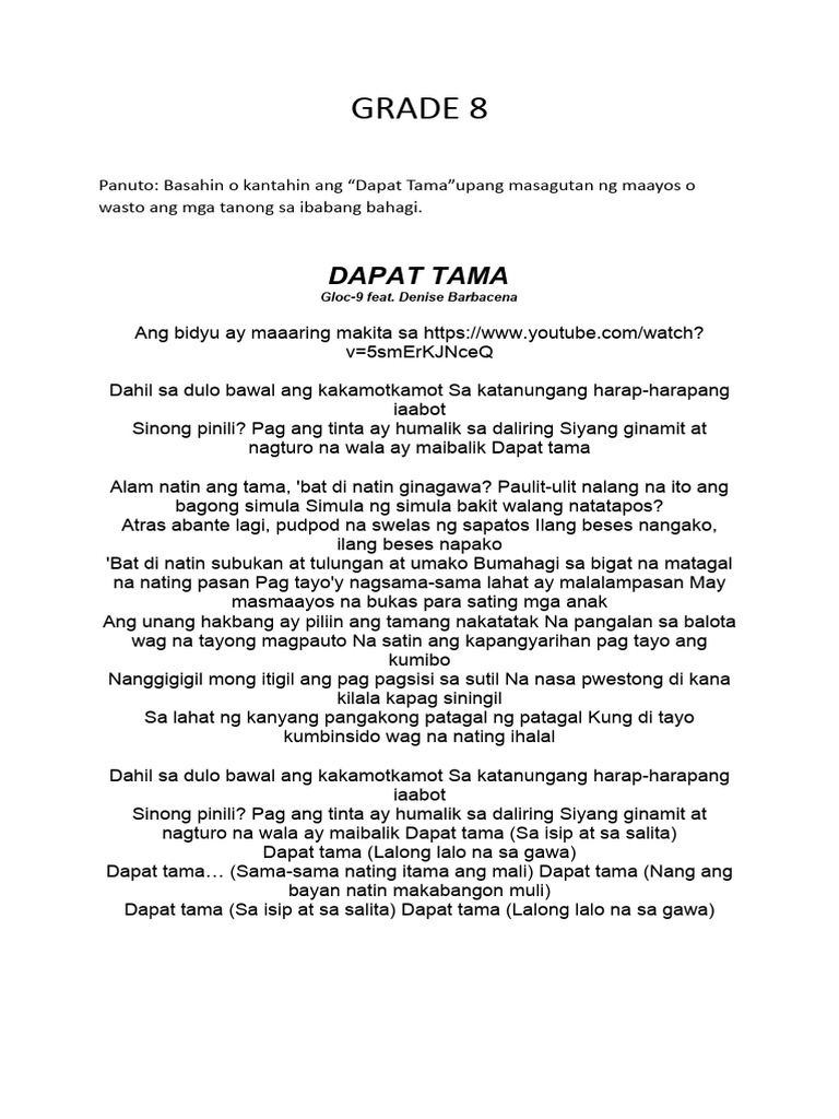GRADE 8 Gawain Oct.5 | PDF