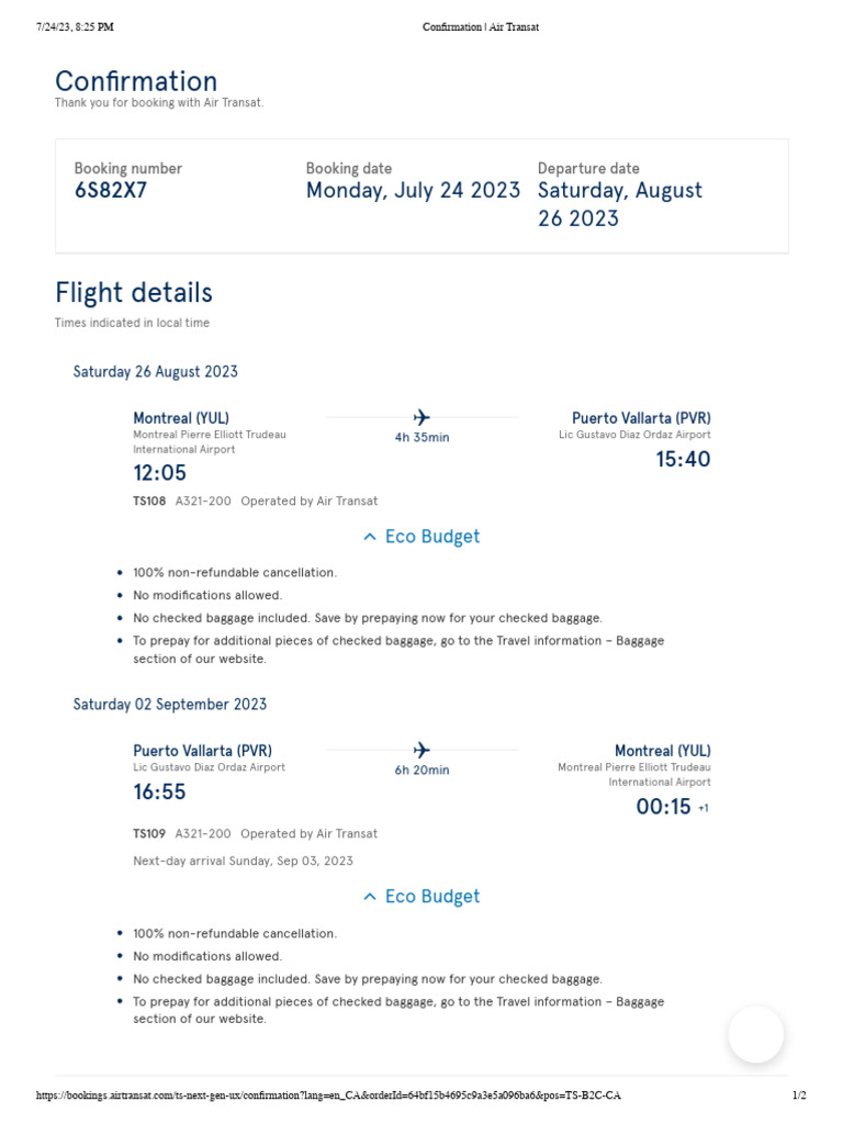 Confirmation - Air Transat | PDF