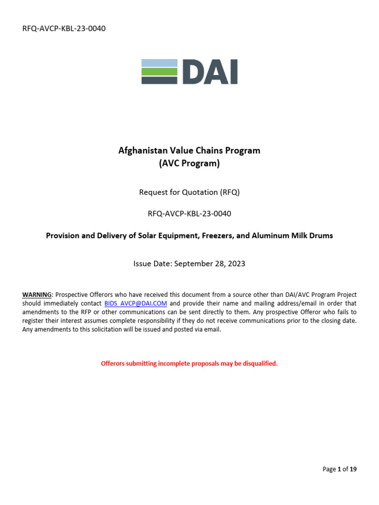 RFQ-AVCP-KBL-23-0040 Provision and Delivery of Solar Equipment Freezers and Aluminum Milk Drums ...