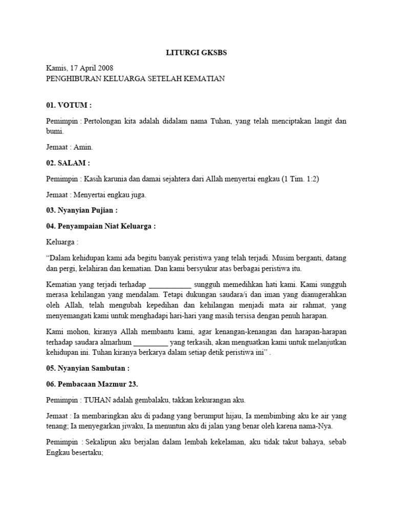 Liturgi Penghiburan Keluarga GKSBS | PDF | Agama & Spiritualitas