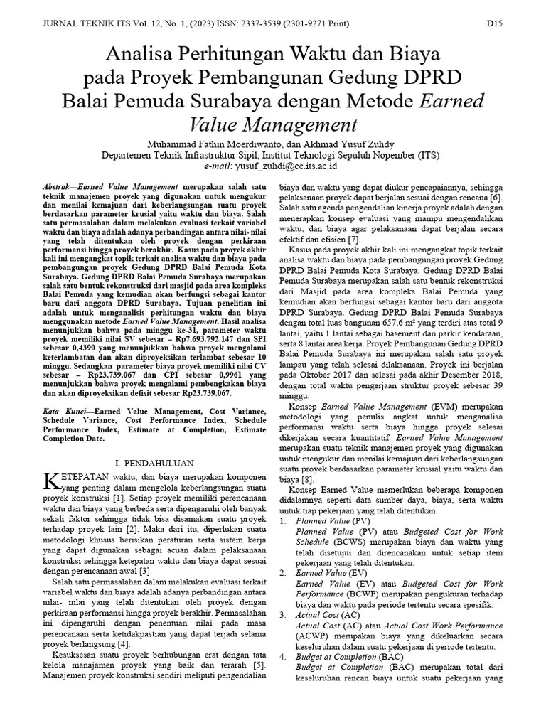 #1 Analisa Perhitungan Waktu & Biaya Proyek Gedung DPRD Balpem Surabaya Dengan Metode Earned ...