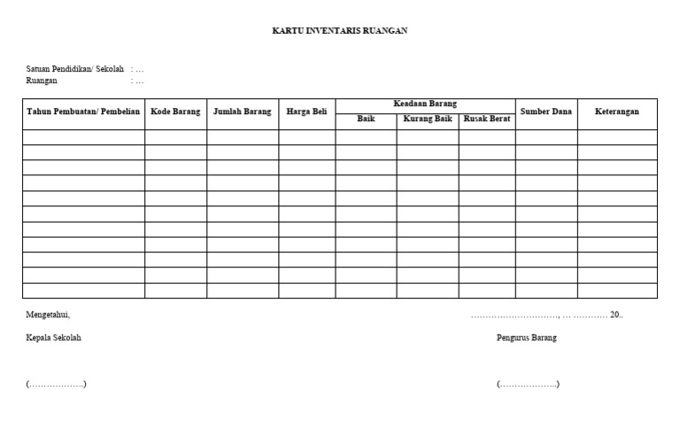 Contoh Format Kartu Inventaris Ruangan | PDF