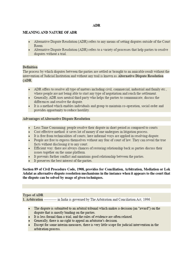 Adr Notes | PDF | Alternative Dispute Resolution | Mediation