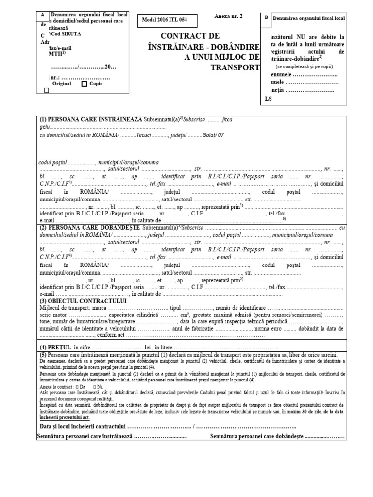 Contract de Înstrăinare - Dobândire A Unui Mijloc de Transport | PDF