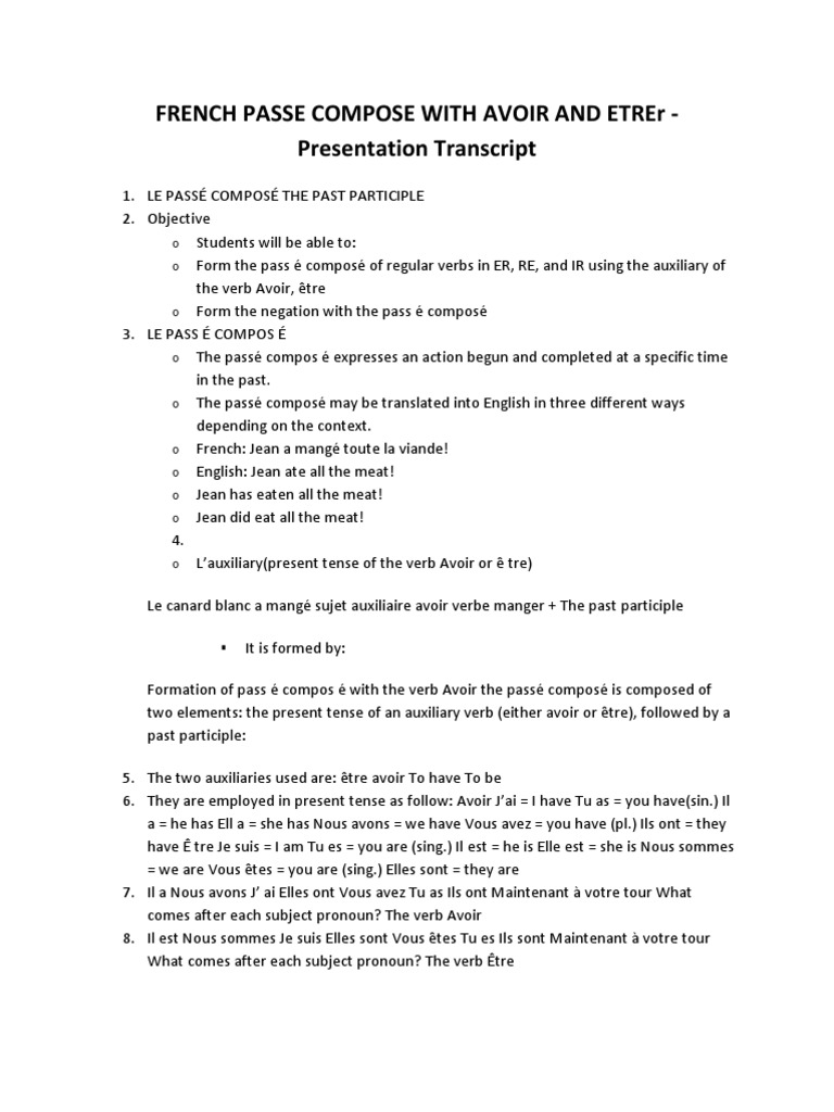 French Passé Composé: Avoir & Être Guide | PDF | Morphology ...