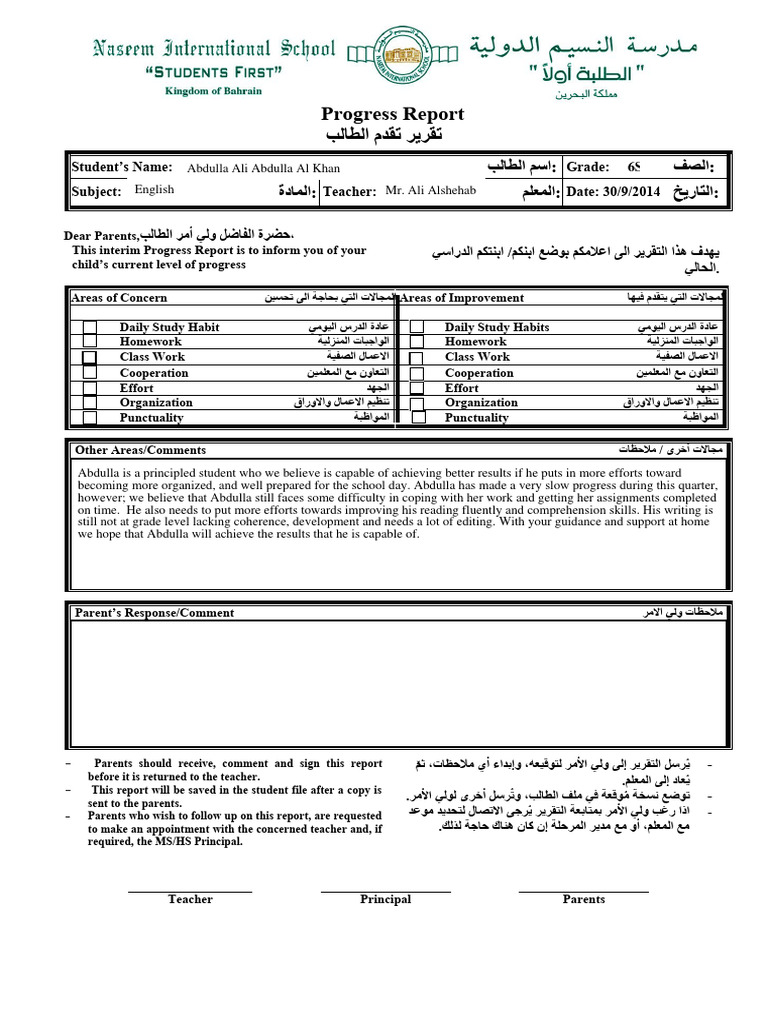 Student Progress Report 2014 | PDF | Behavior Modification | Learning