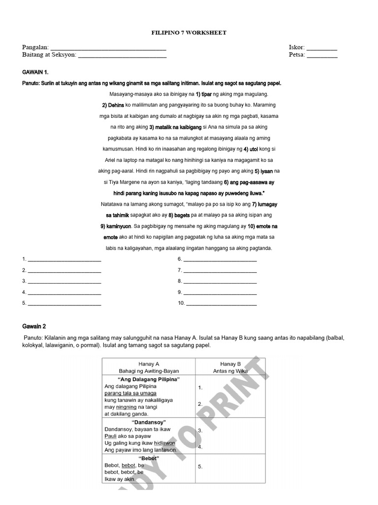 Filipino 7 Worksheet | PDF