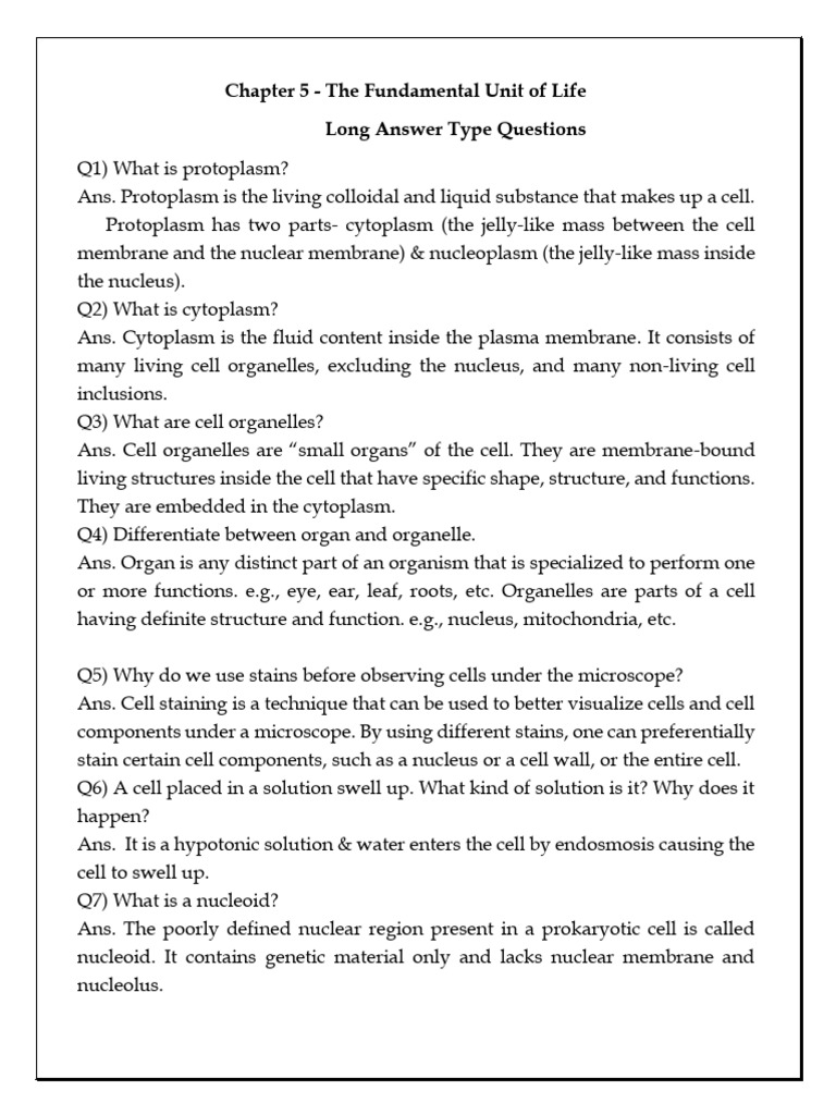 Class9-The Fundamental Unit of Life Long Answer Questions | Download Free PDF | Cell (Biology ...