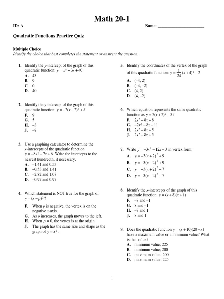 Quadratic Functions Practice Test B | PDF | Algebra | Mathematical Concepts