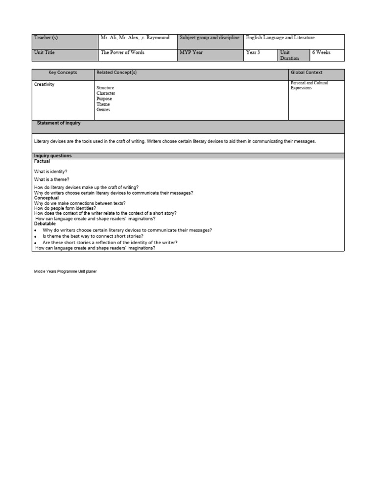Unit Planner Short Stories Unit 1, Grade 8, Q-1 Ali | PDF | Critical ...