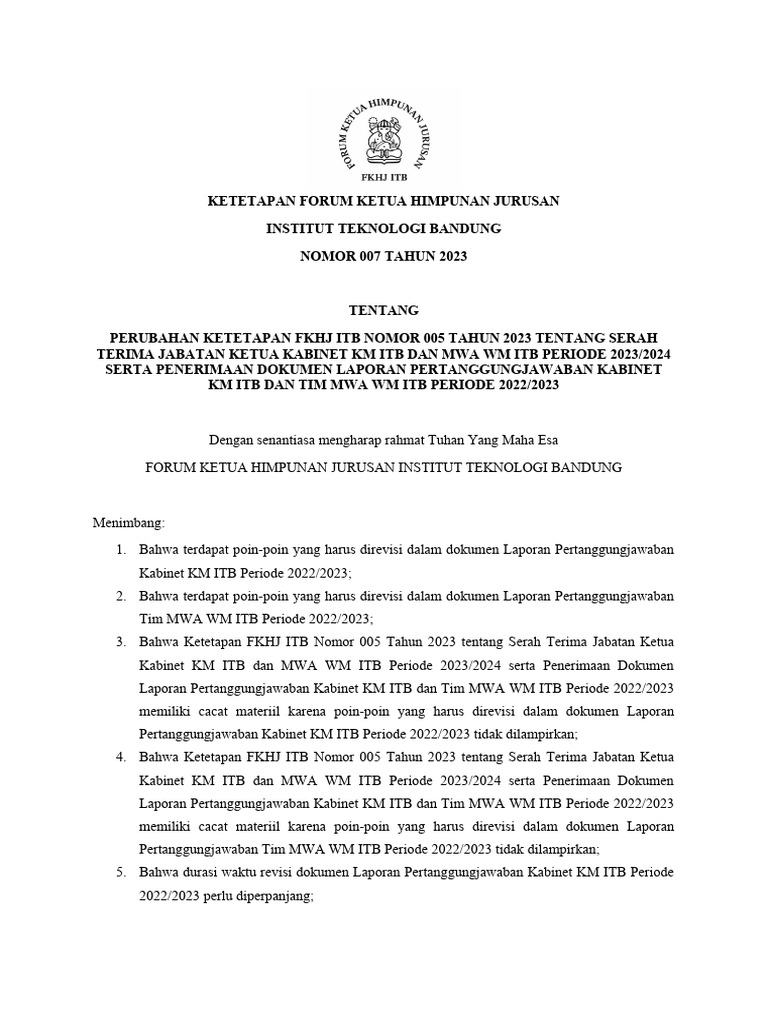 TAP 007 Tahun 2023 Tentang Perubahan Ketetapan FKHJ ITB Nomor 005 Tahun ...