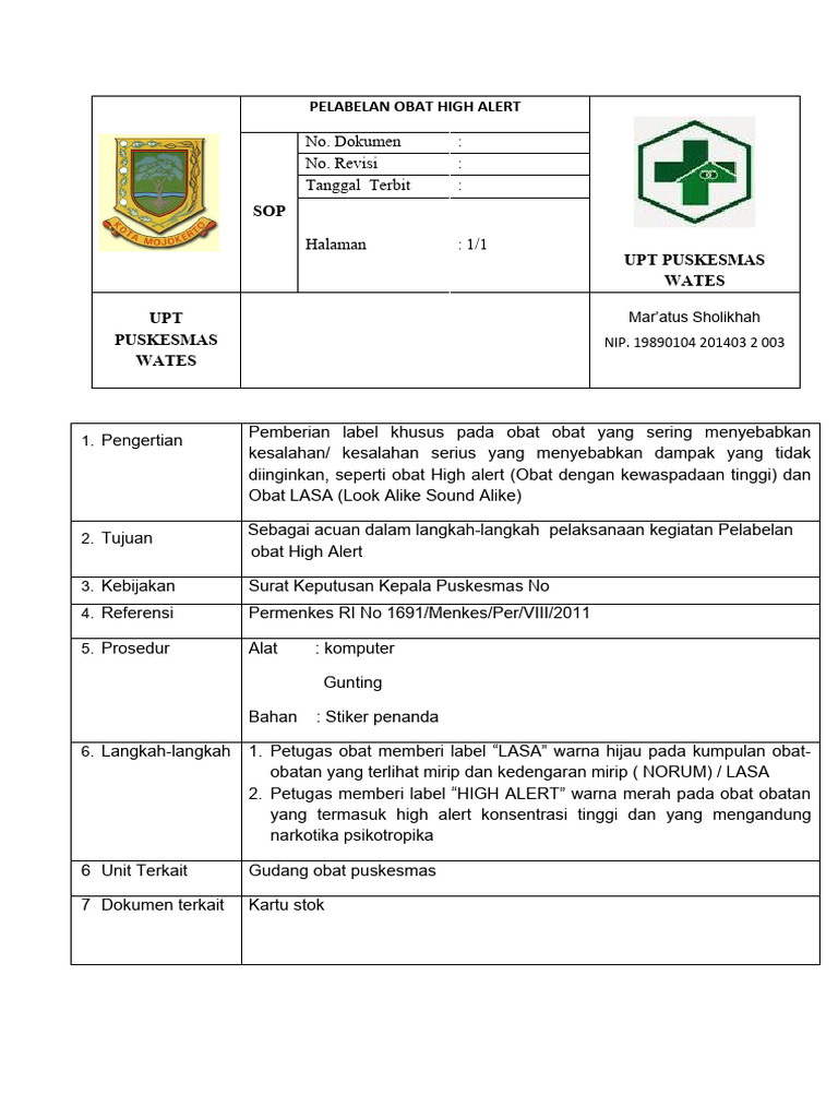 SOP PELABELAN OBAT HIGH ALERT | PDF
