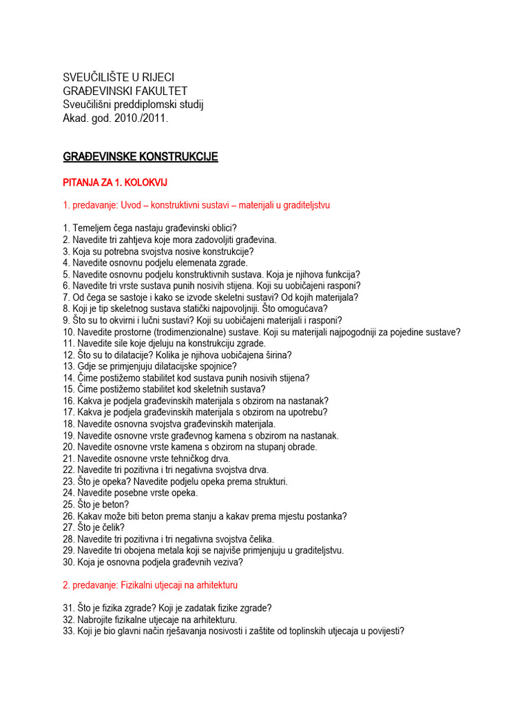 GK Pitanja Za 1 Kolokvij 1 - 5 | PDF