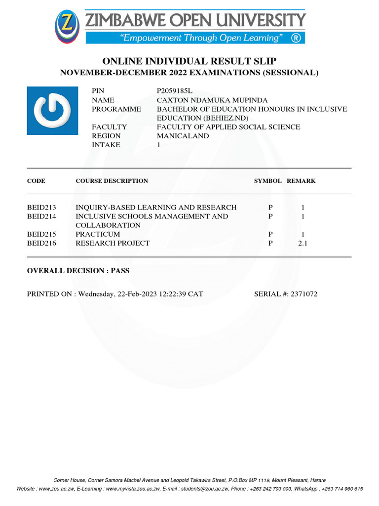 Examination Results P2059185lstudents - Zou.ac - ZW | PDF