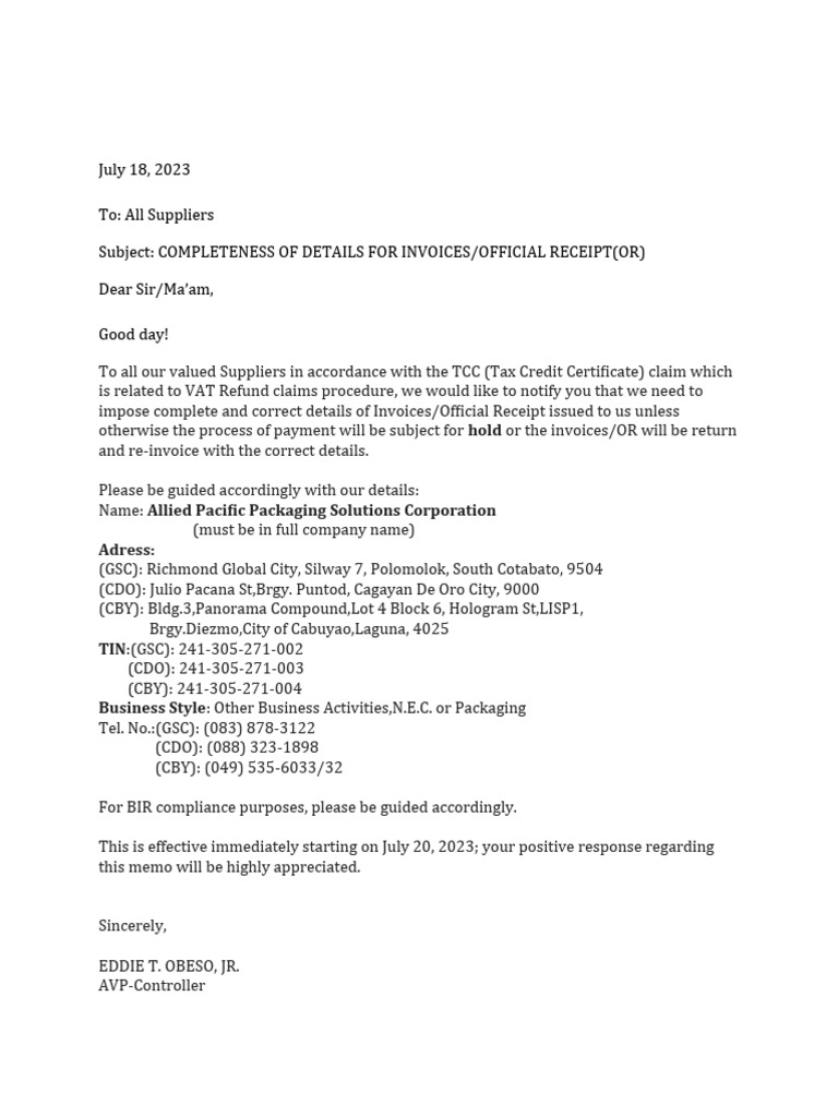 MEMO For Suppliers | PDF