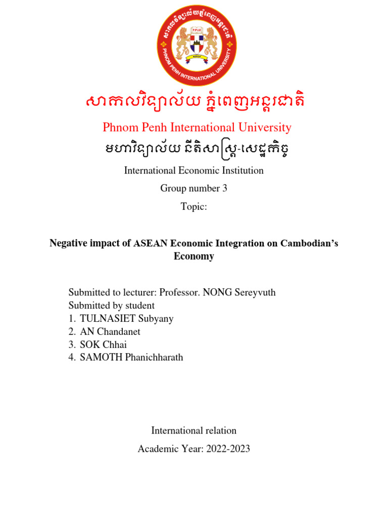 Negative Impact of ASEAN Economic Integration On Cambodian's Economy | PDF | Cambodia | Agriculture
