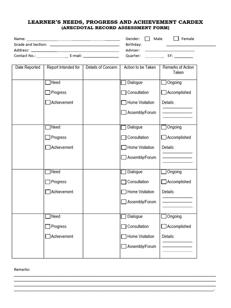 Anecdotal Record Assessment Form | PDF