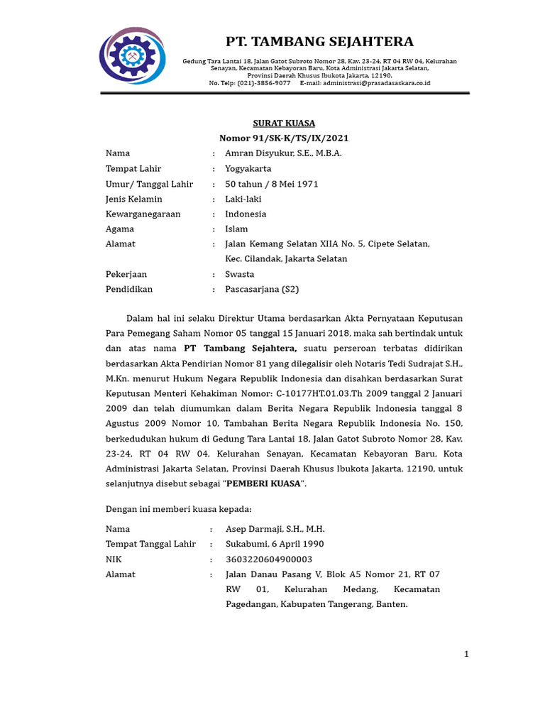 Surat Kuasa PT Tambang Sejahtera | PDF