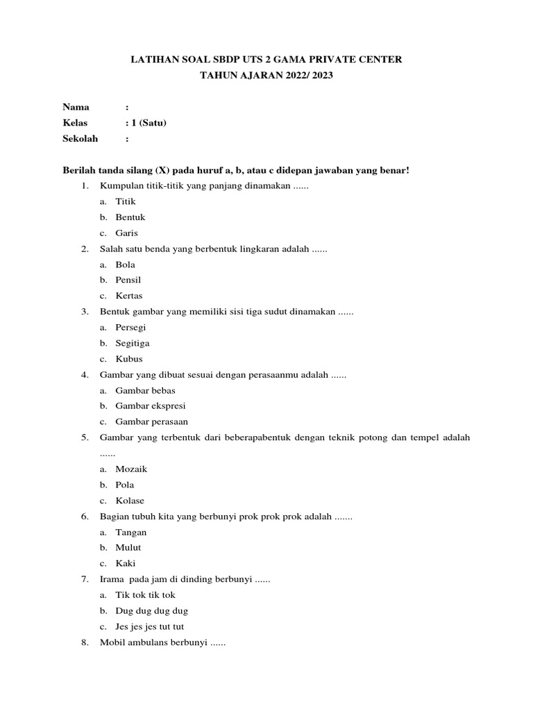 (SOAL) UTS 2 - Kelas 1 - SBDP | PDF | Seni
